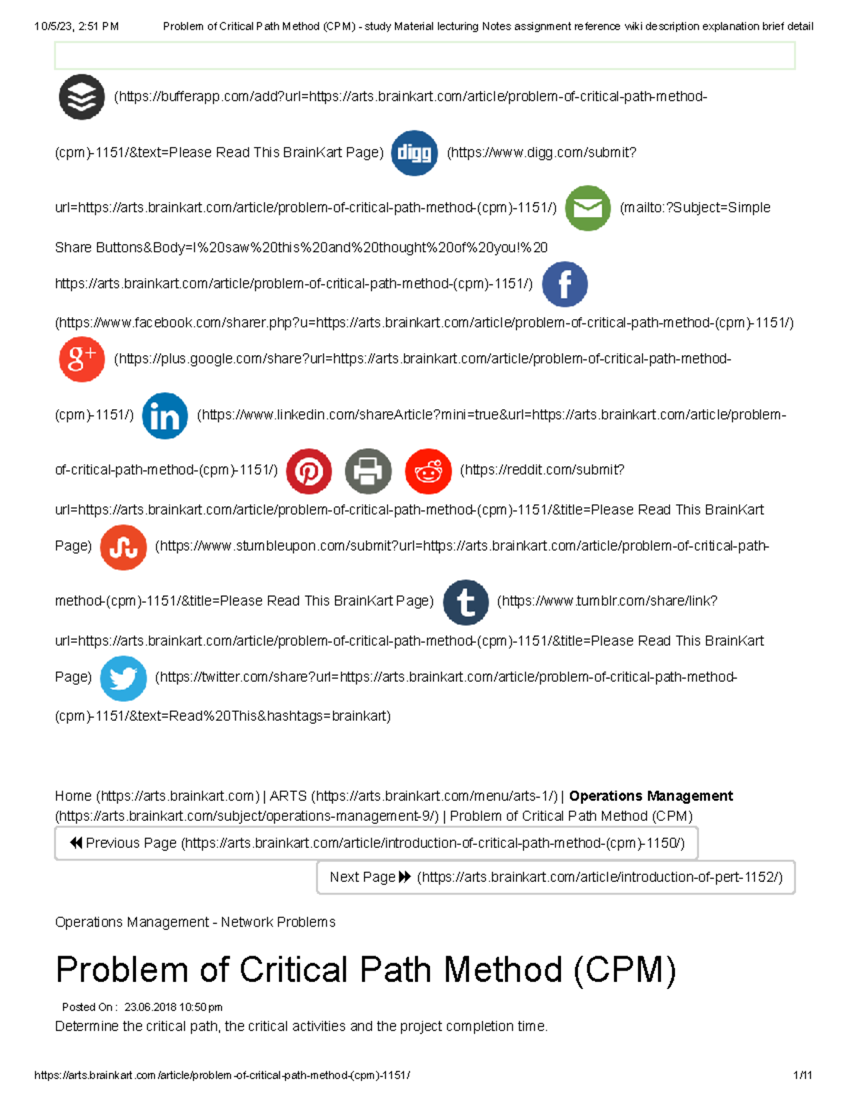 Problem of Critical Path Method (CPM) - study Material lecturing Notes ...