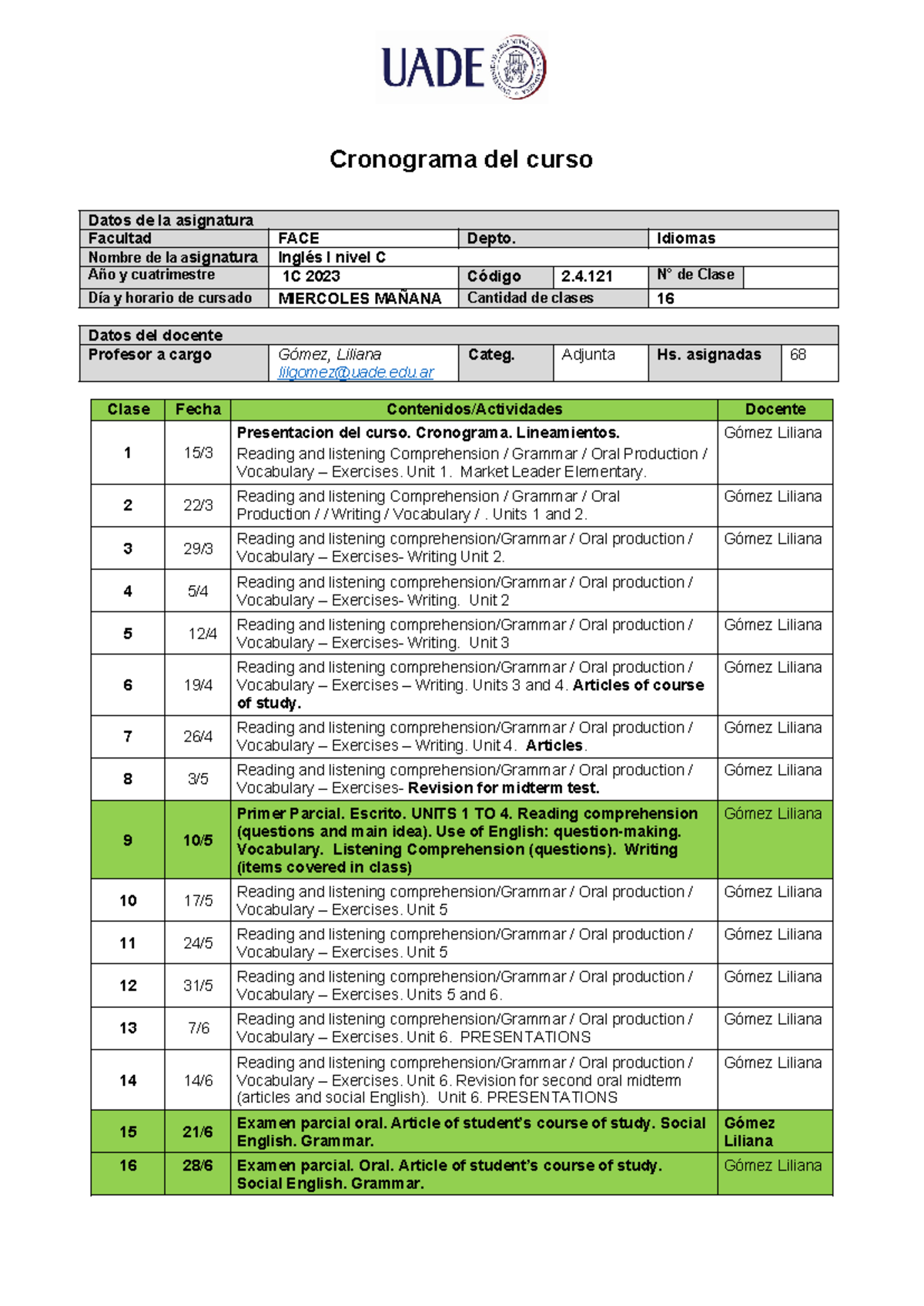 Crono FACE 1C 2023 MIE Mañanas - Cronograma del curso Datos de la ...