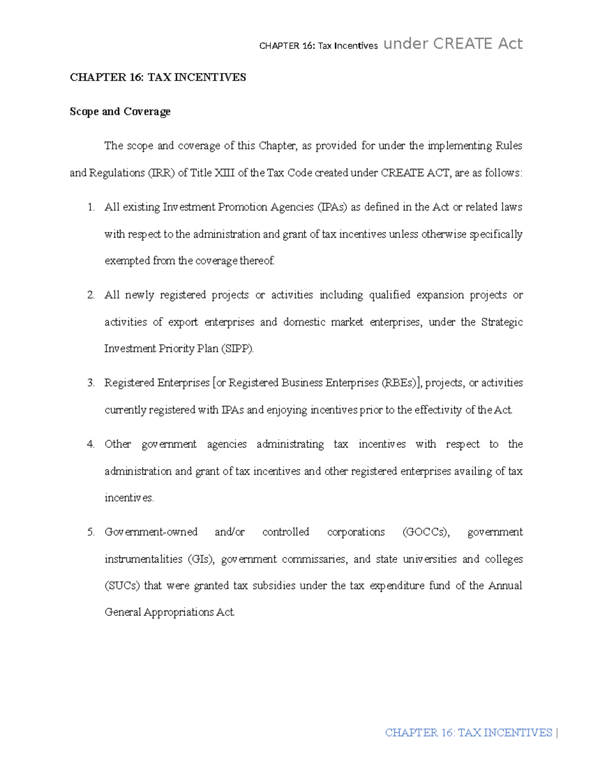 Chapter 13 Scope AND Coverage - Dimaporo - CHAPTER 16: TAX INCENTIVES ...