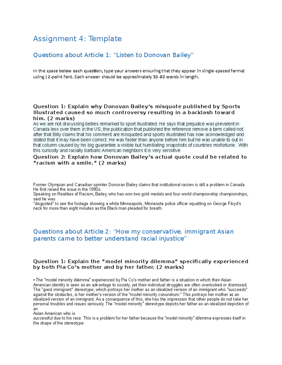 Assignment 4 - Bfg - Assignment 4: Template Questions about Article 1 ...