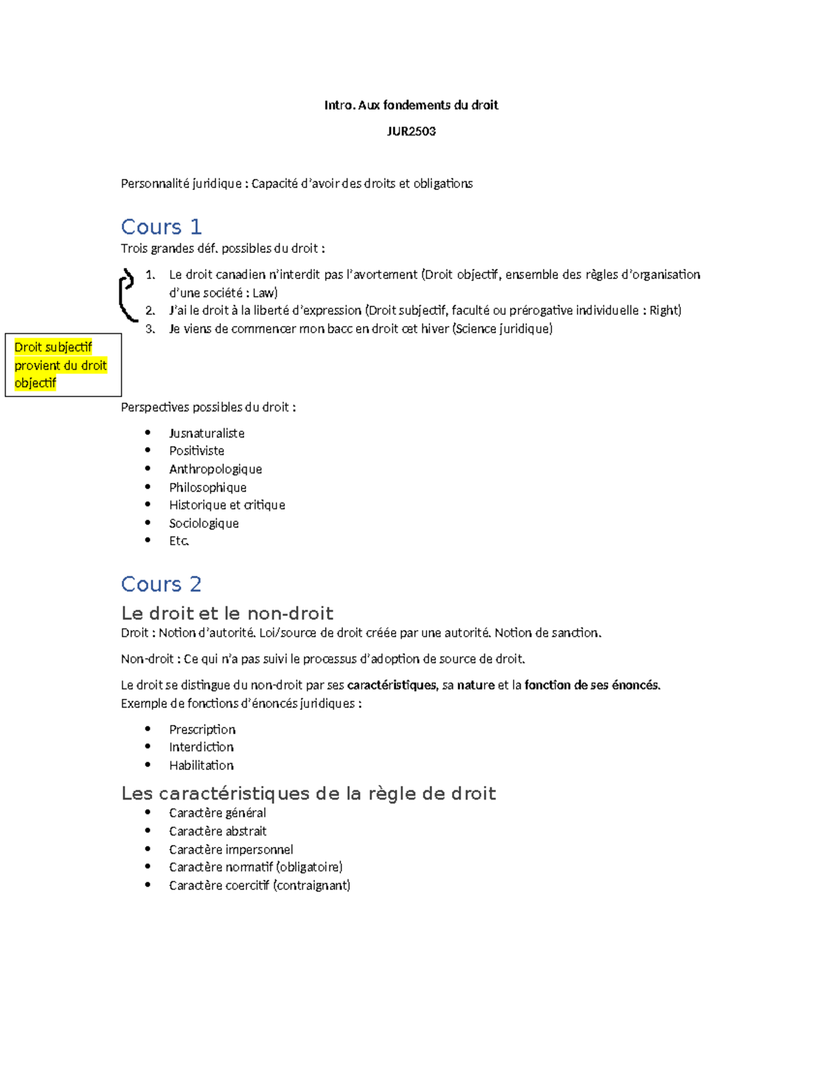 Notes de Cours- JUR2503 - Intro. Aux fondements du droit JUR ...