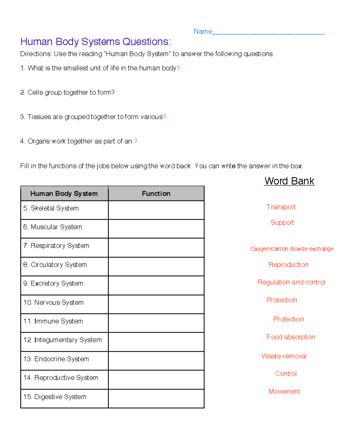 Human Body System Worksheet for Kids - Name ...