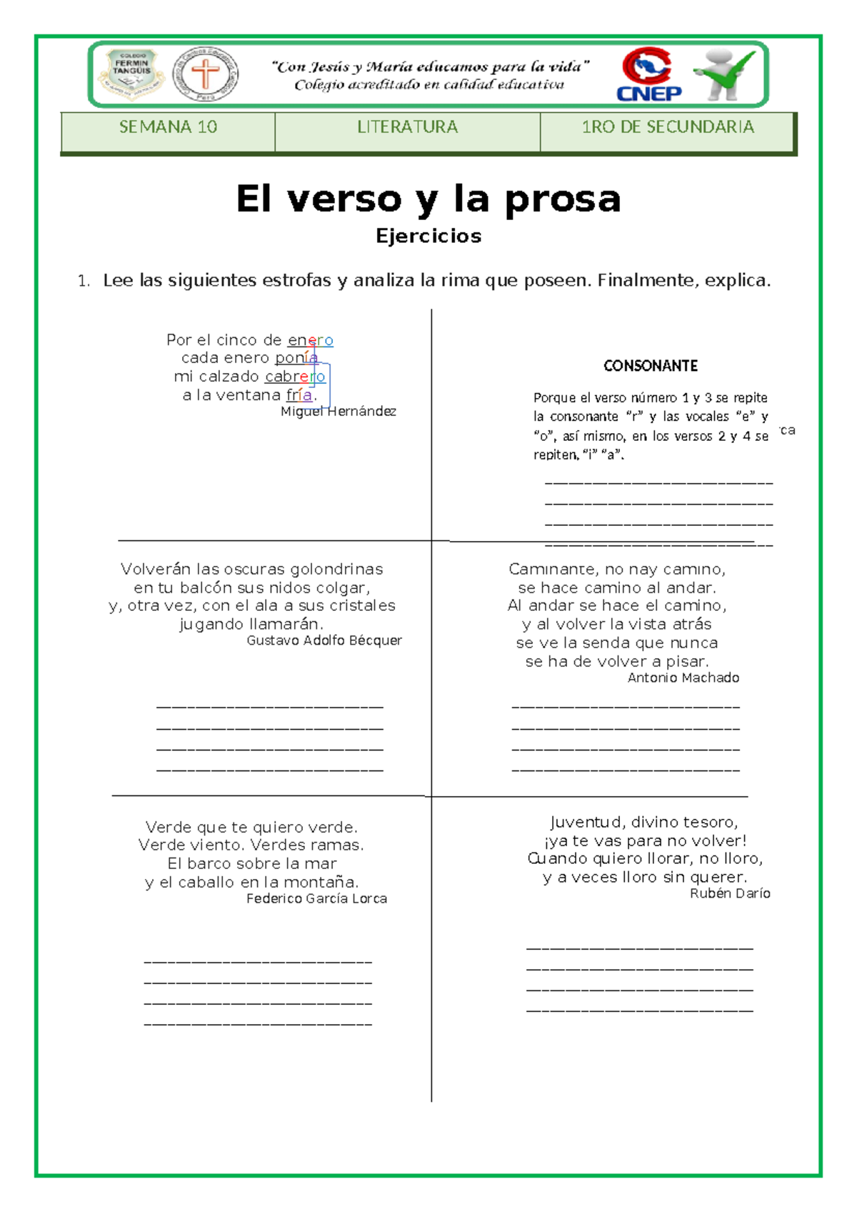 Ficha de trabajo - El verso - SEMANA 10 LITERATURA 1RO DE SECUNDARIA El verso y la prosa ...