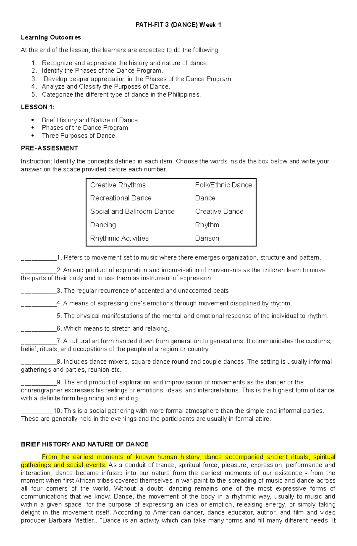 Week 1 Lesson 1 - Dance History Nature Phases and Purpose - PATH-FIT 3 ...