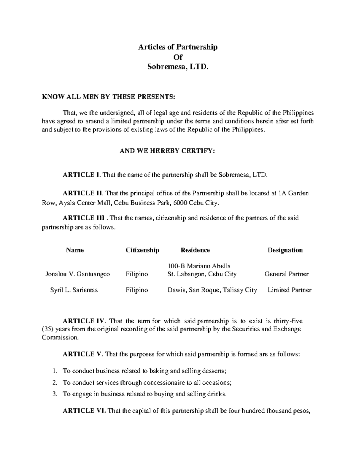 Articles-of-partnership - Articles of Partnership Of Sobremesa, LTD ...