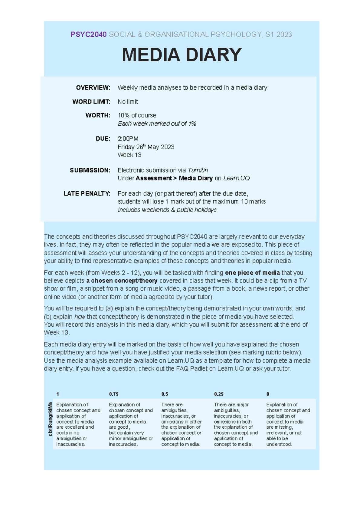 PSYC2040 Media Diary - MEDIA DIARY OVERVIEW: Weekly media analyses to ...