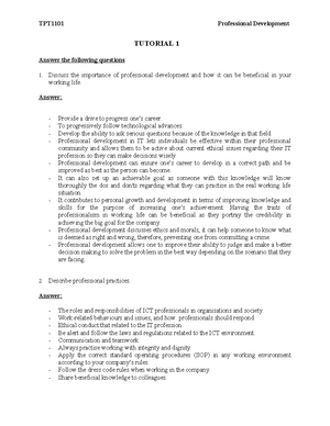 Tutorial 11 Answer - TPT1101 Professional Development TUTORIAL 11 Workplace Perspectives II ...