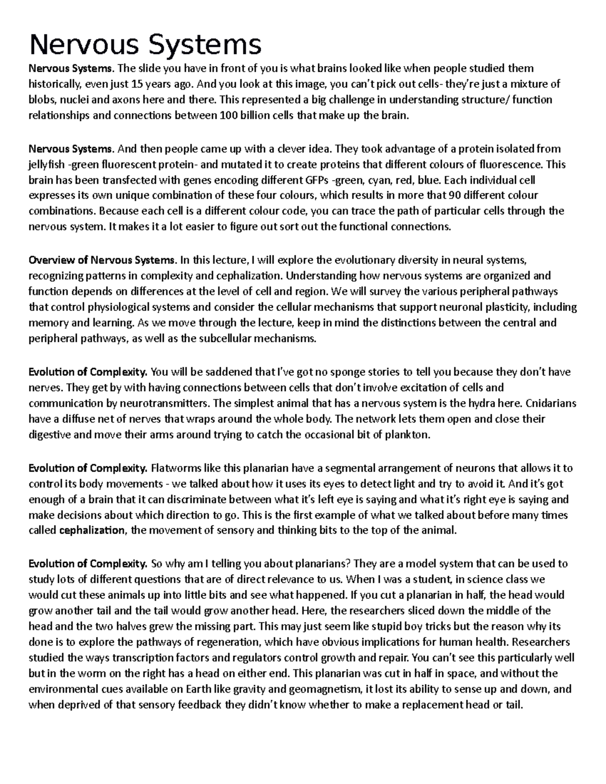 15 Nervous systems transcript - Nervous Systems Nervous Systems. The ...