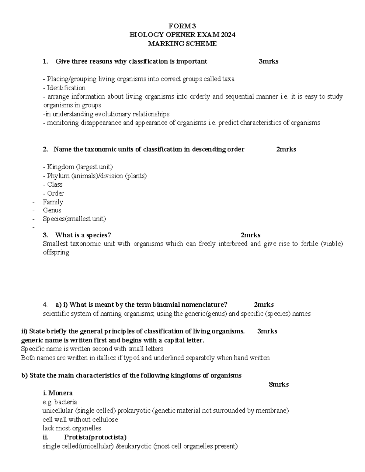 Biology F3 MS - bio - FORM 3 BIOLOGY OPENER EXAM 2024 MARKING SCHEME ...