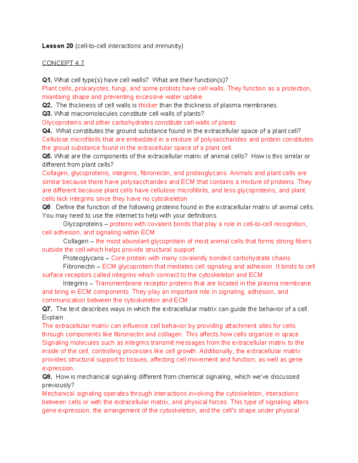 Lesson 20 GRQ - Lesson 20 (cell-to-cell interactions and immunity ...