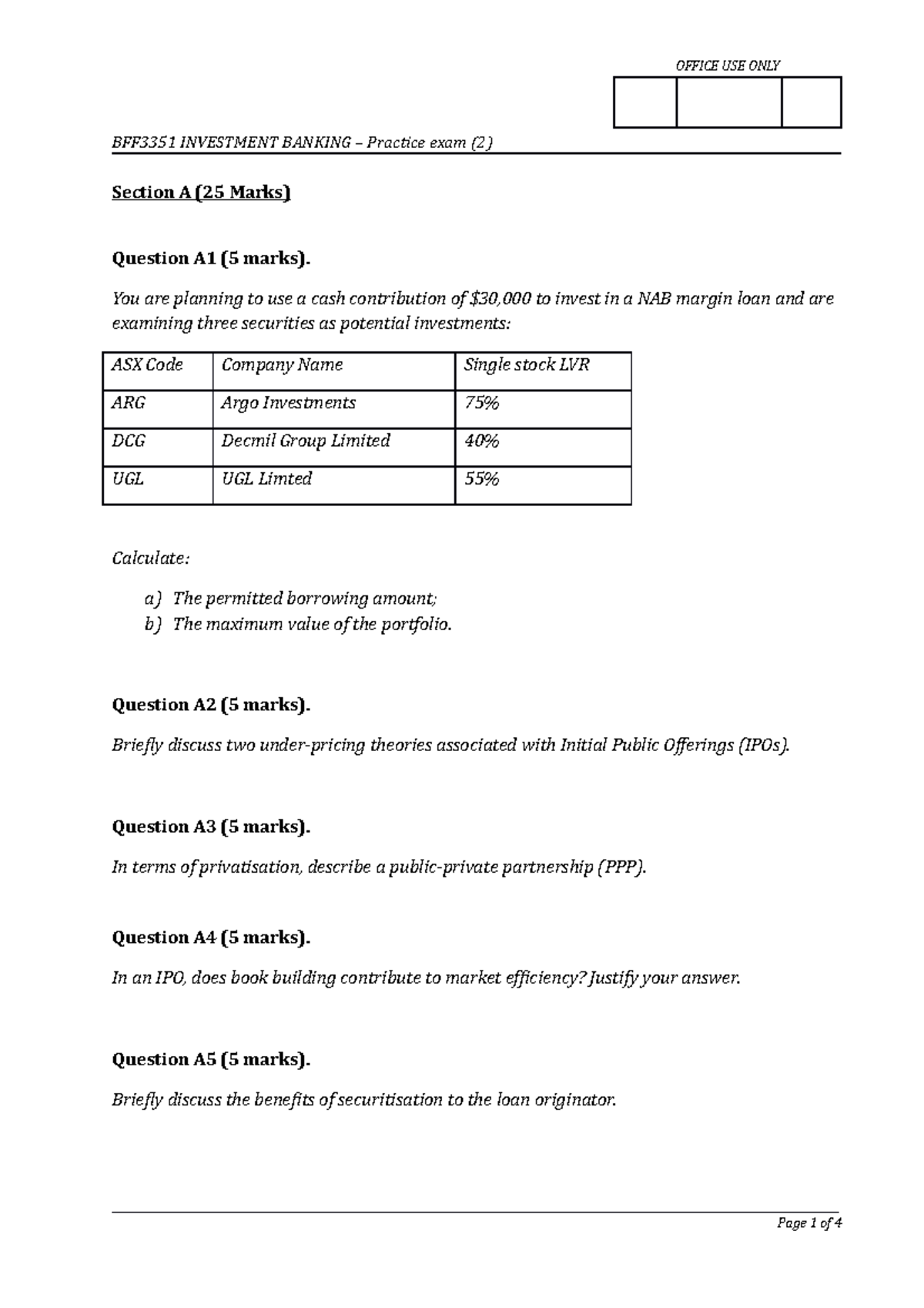 Exam 2020, questions - BFF3351 INVESTMENT BANKING – Practice exam (2 ...