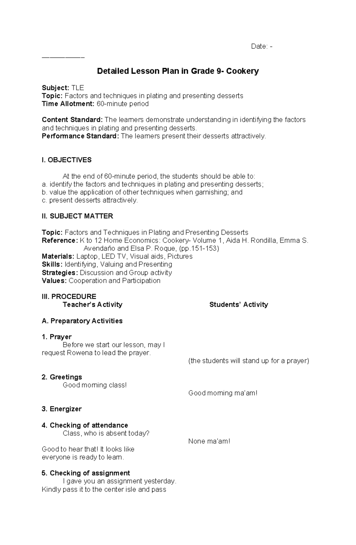 Grade 9 Detailed LP - Reference - Date: - ___________ Detailed Lesson ...