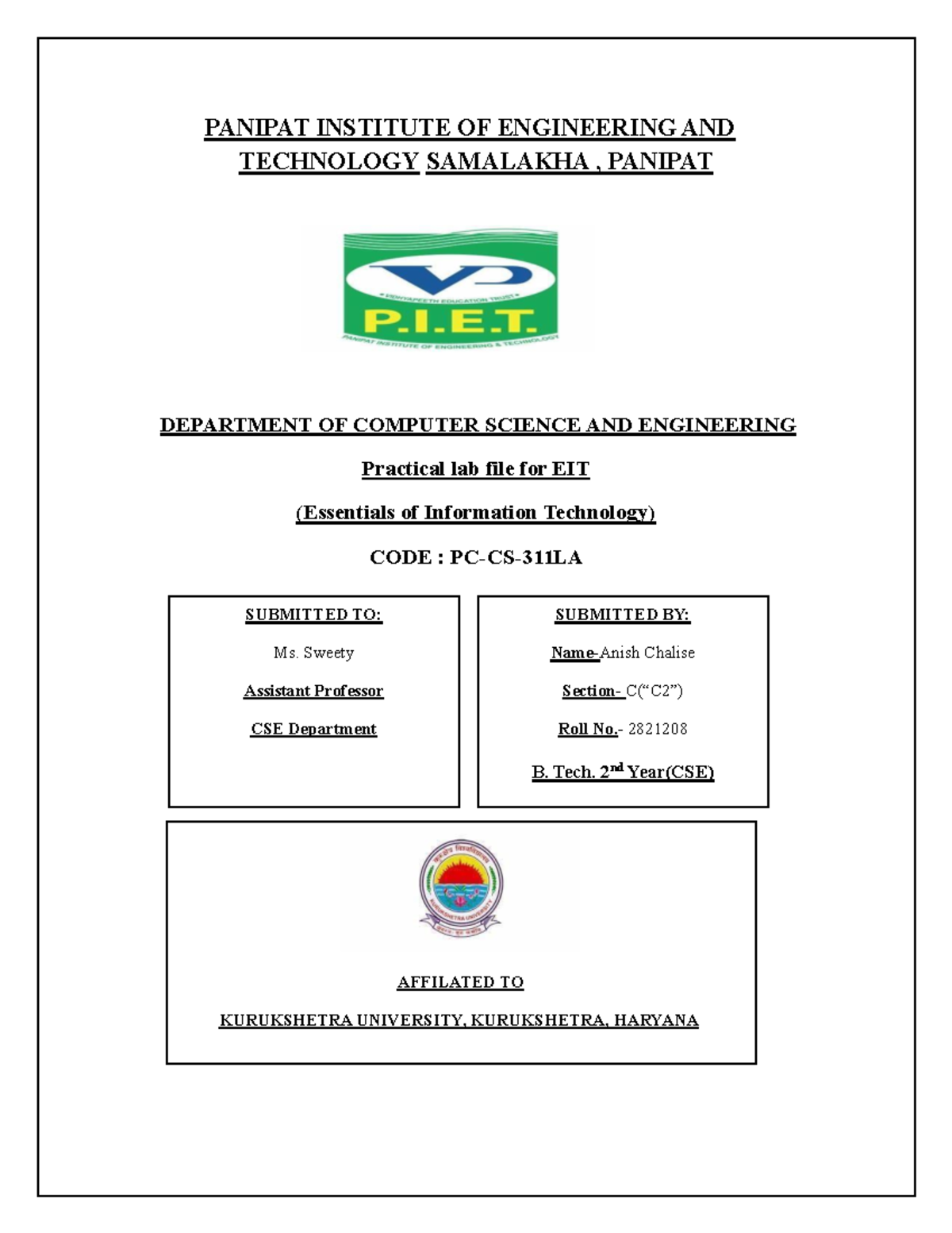 Eit Practical Copy For Practical Panipat Institute Of Engineering And Technology Samalakha
