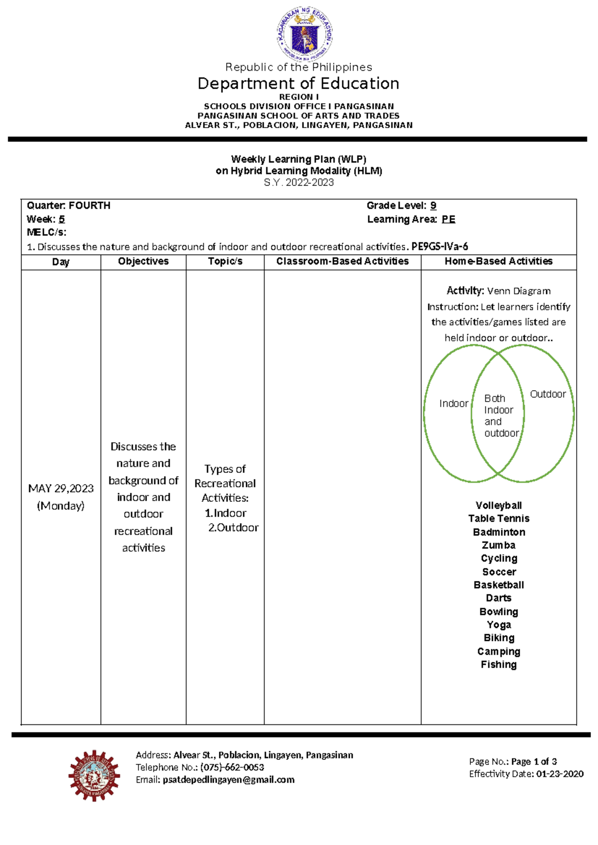 WLP-Q4 PE - The document i uploaded is an example of weekly learning plan. - Republic of the ...