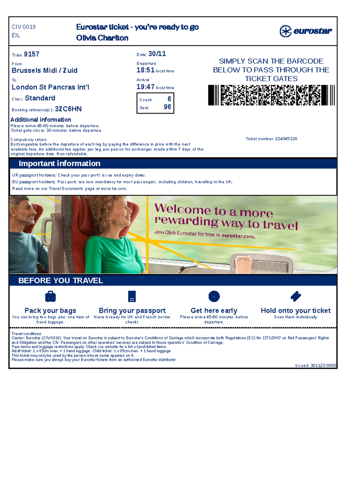 Passenger 1 - balalala - CIV 0019 EIL Eurostar ticket - you're ready to go Olivia Charlton Train ...