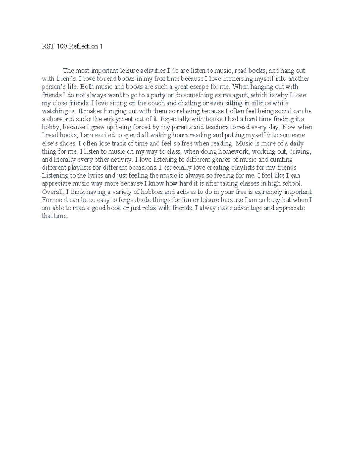 RST 100 Reflection 1 - RST 100 Reflection 1 The most important leisure ...