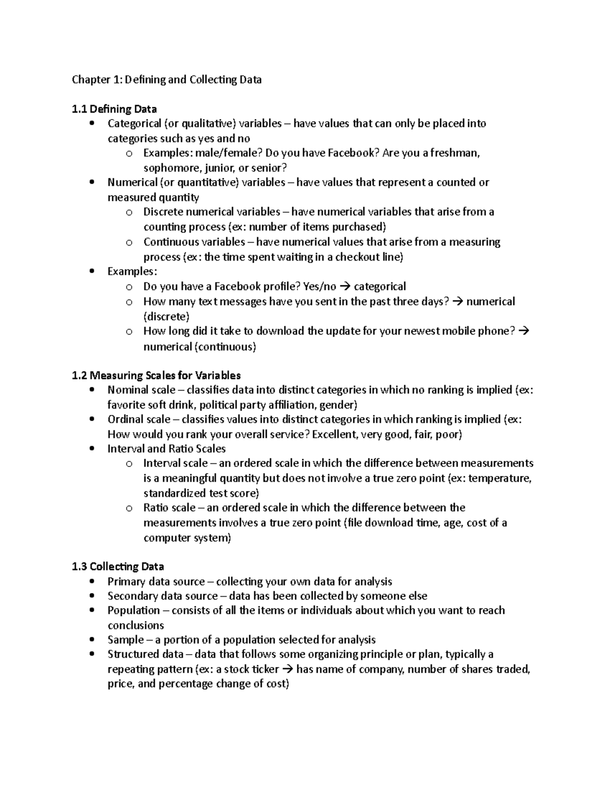 Chapter 1 Notes - Chapter 1: Defining and Collecting Data 1 Defining ...