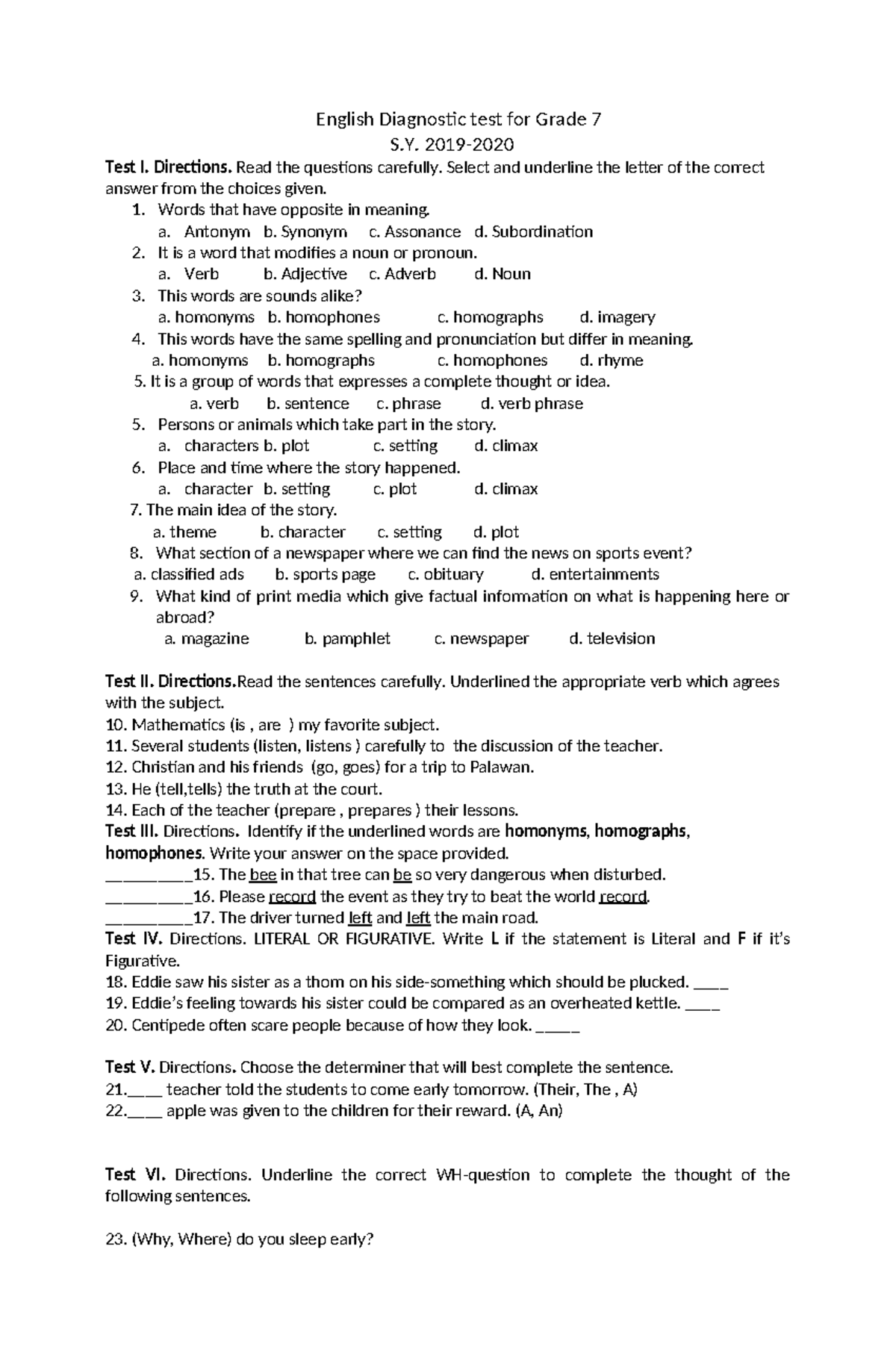 Diagnostic Test for junior high - English Diagnostic test for Grade 7 S ...