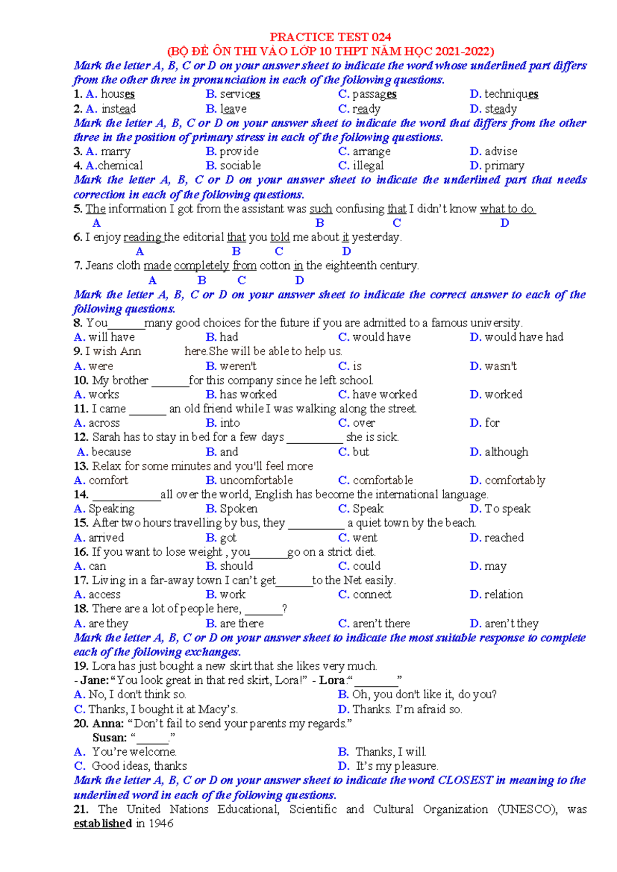 24. Practice TEST 024 - PRACTICE TEST 024 (BỘ ĐỀ ÔN THI VÀO LỚP 10 THPT ...
