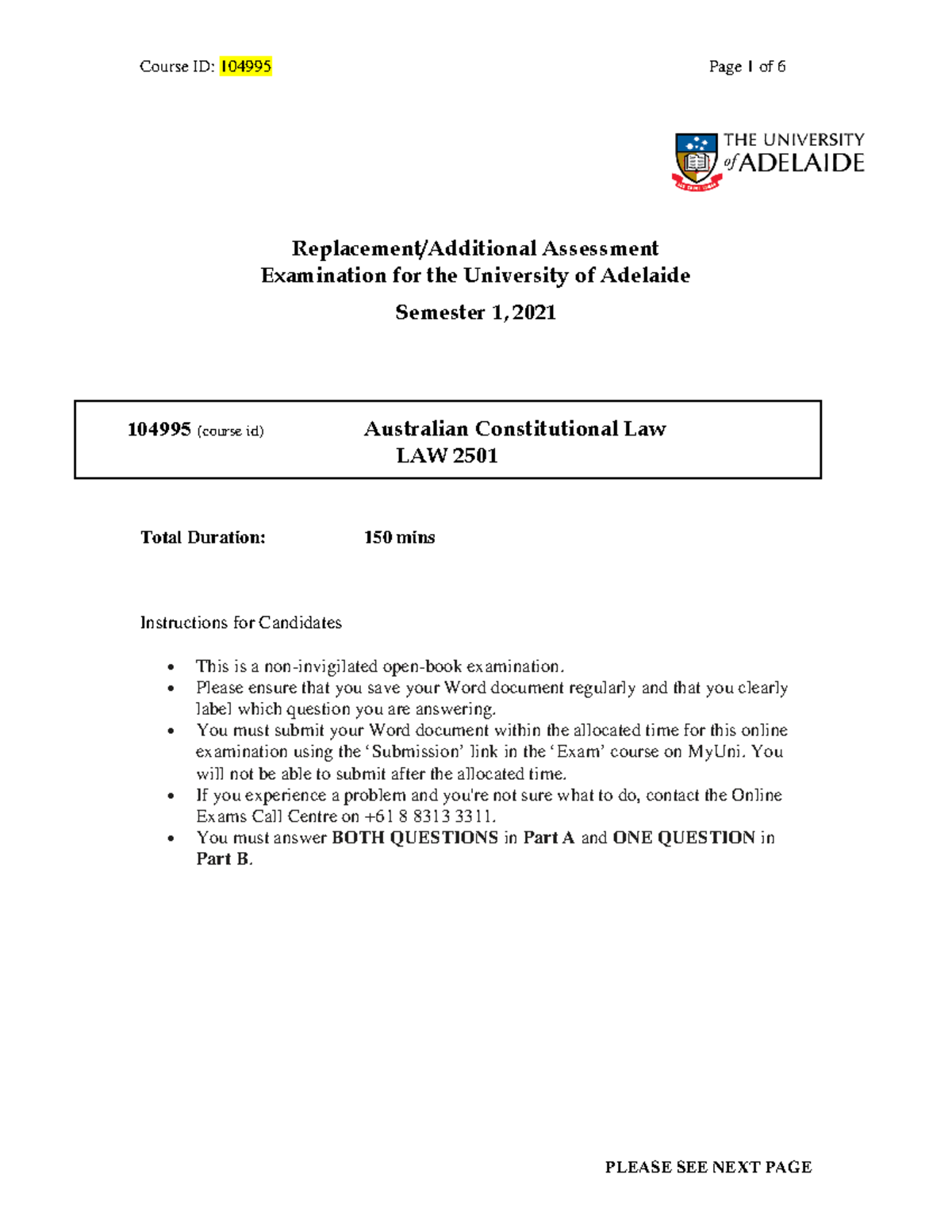 RAA LAW 2501 Australian Con Law Exam paper - RAA template Final ...