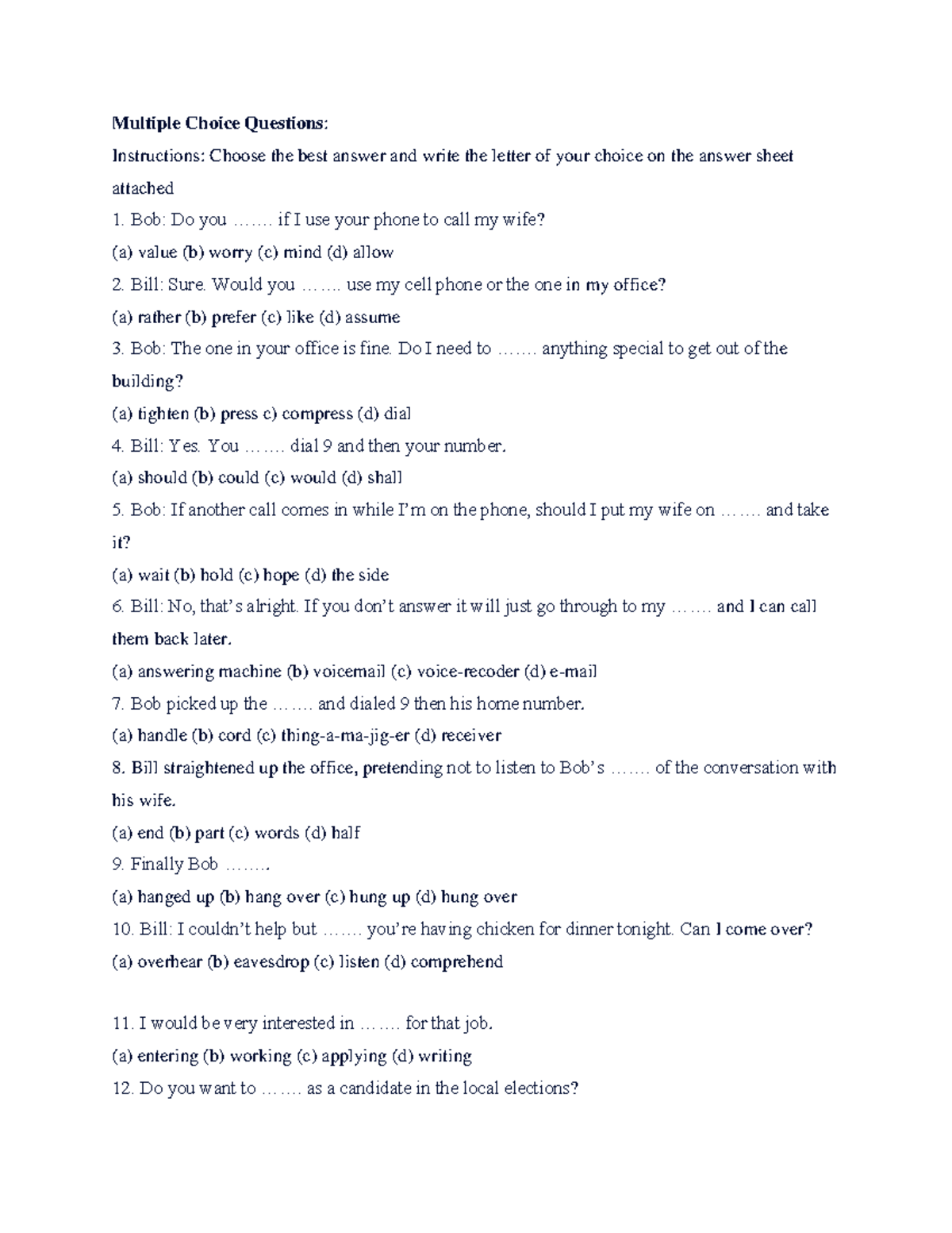 Multiple Choice Questions - Multiple Choice Questions: Instructions ...