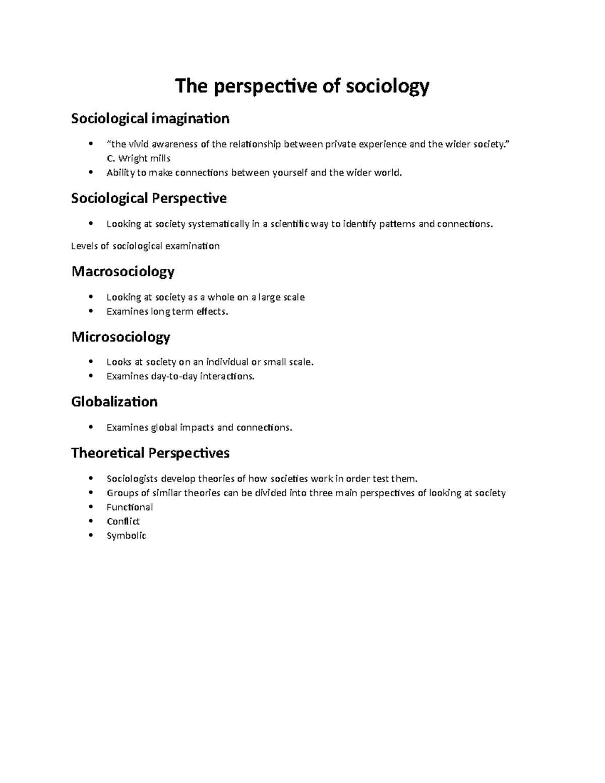 Sociology notes - The perspective of sociology Sociological imagination ...