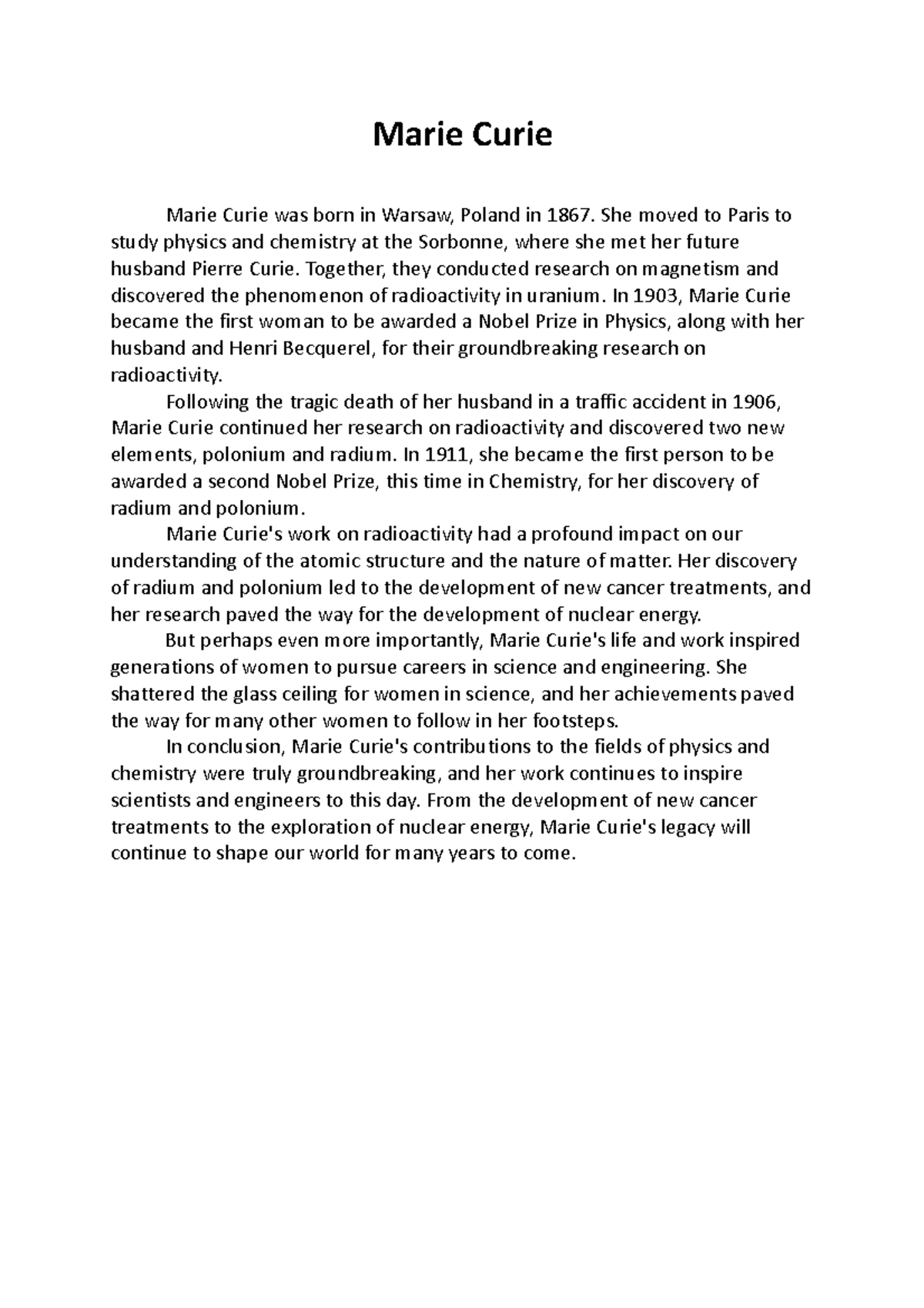 Marie Curie - Marie Curie Marie Curie was born in Warsaw, Poland in ...