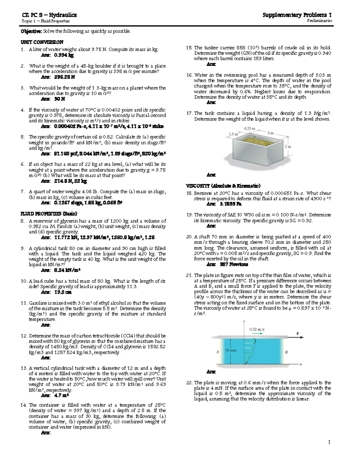 Supplementary Problems 1 5 - Topic 1 – Fluid Properties Preliminaries Objective: Solve the ...