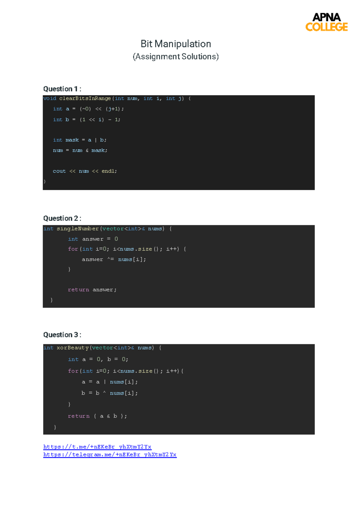 16. Bit Manipulation Ans - Bit Manipulation (Assignment Solutions) int - Studocu