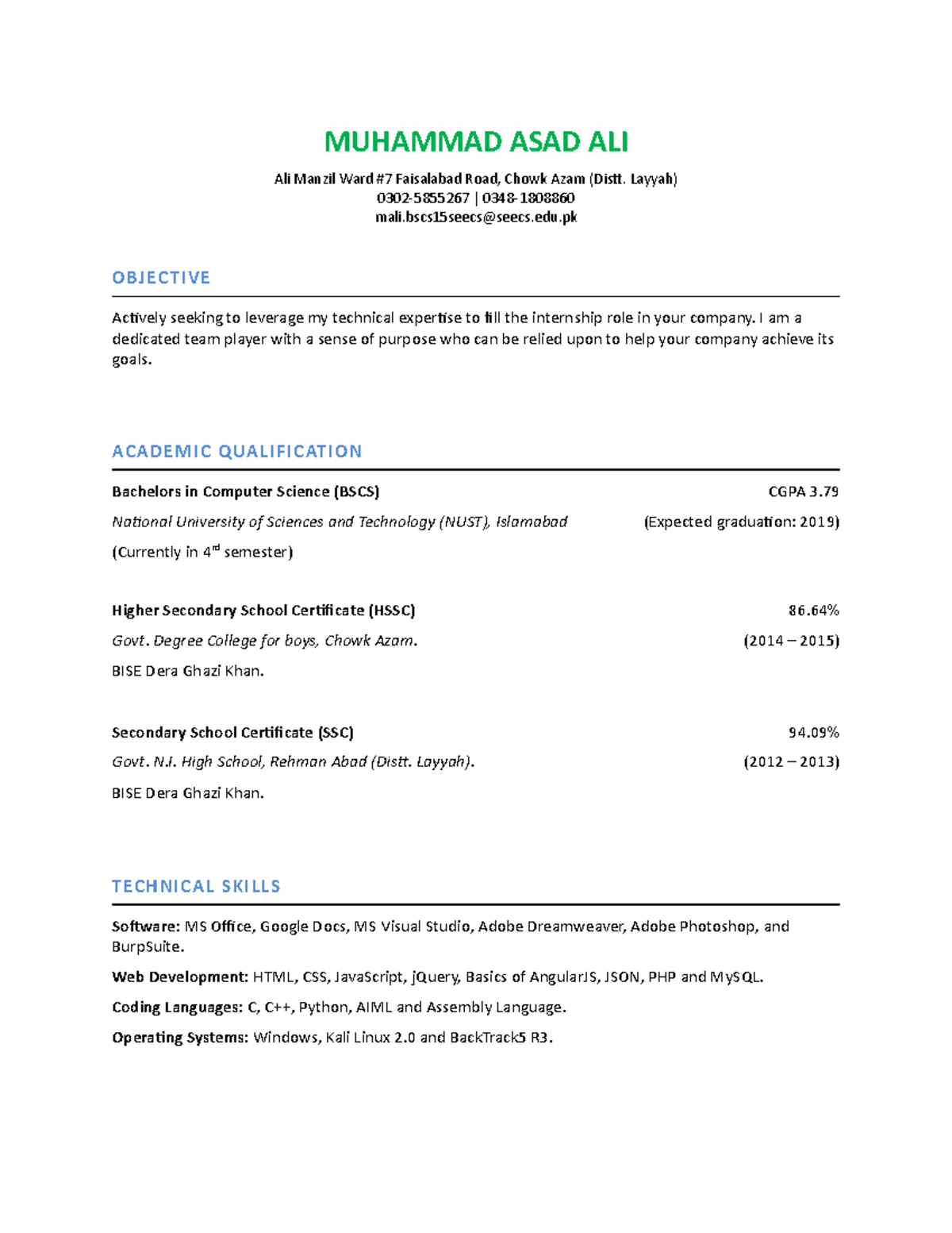 My Resume - qwerty kid - MUHAMMAD ASAD ALI Ali Manzil Ward #7 ...