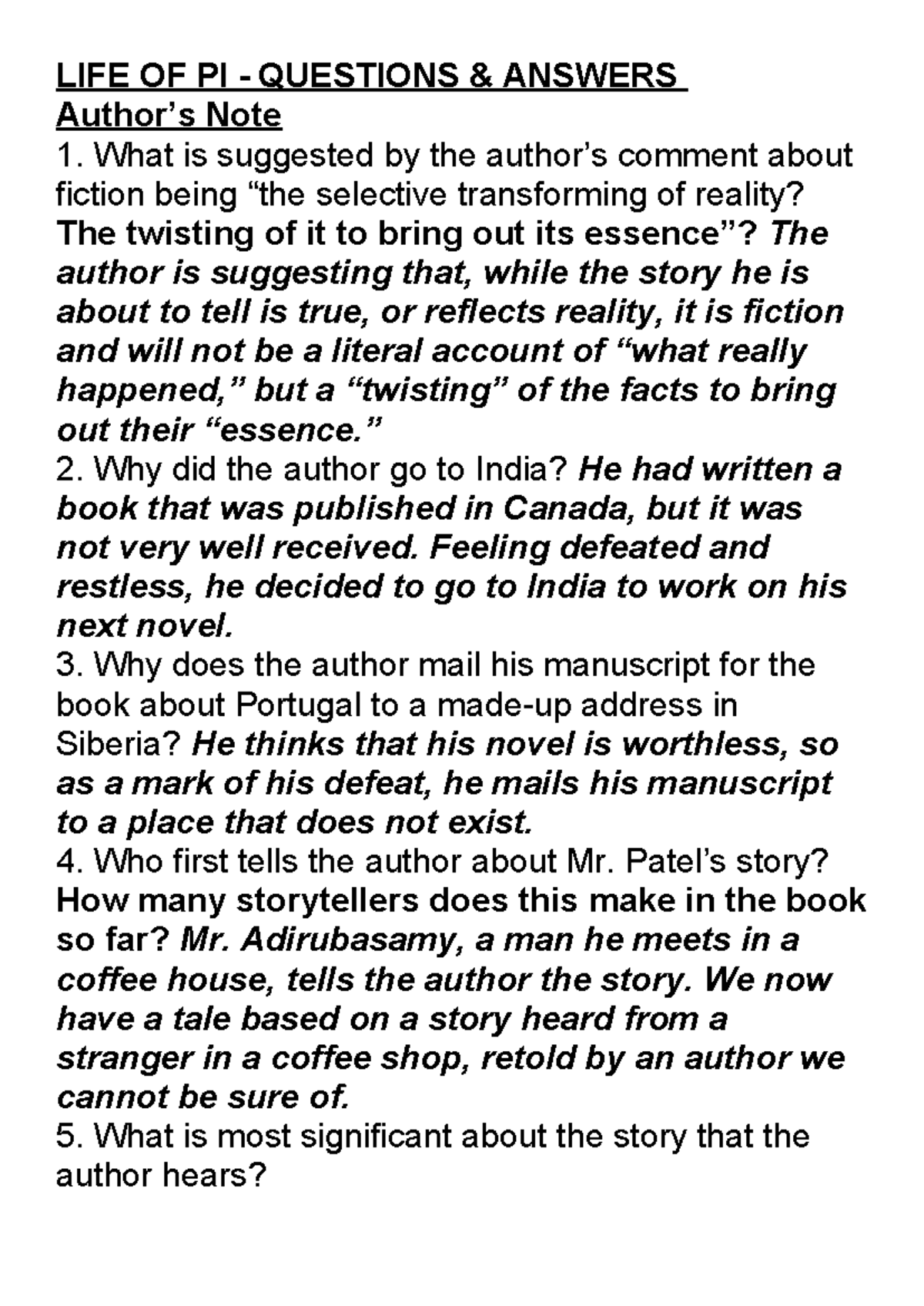 Questions & Answers Projector - LIFE OF PI - QUESTIONS & ANSWERS Author ...