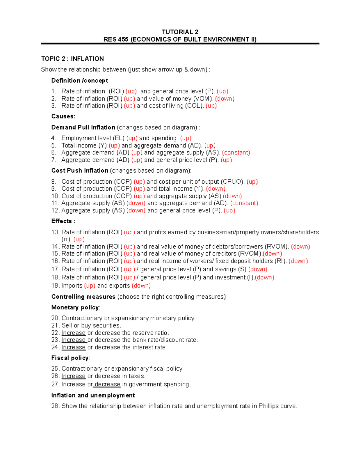 RES455 Tutorial 2 Inflation - TUTORIAL 2 RES 455 (ECONOMICS OF BUILT ...