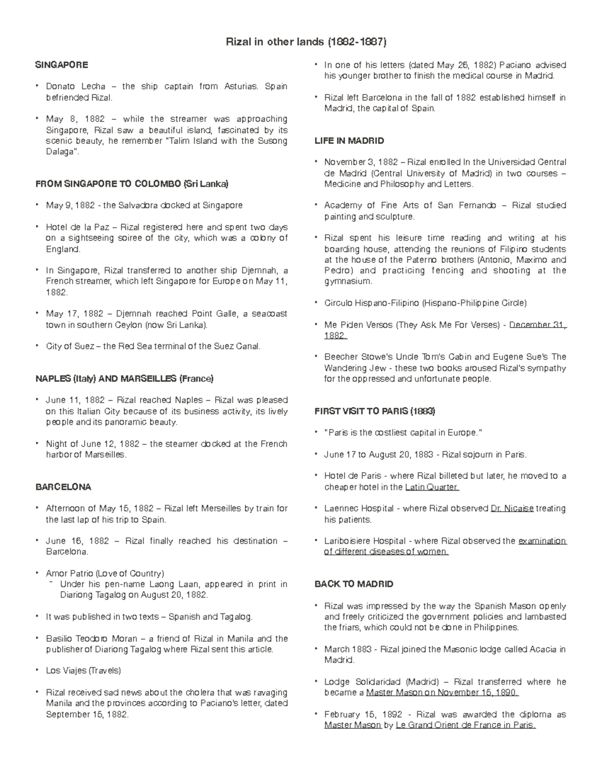 Rizal in other lands 1882 1887 - Life and Works of Rizal - PangSU - Studocu