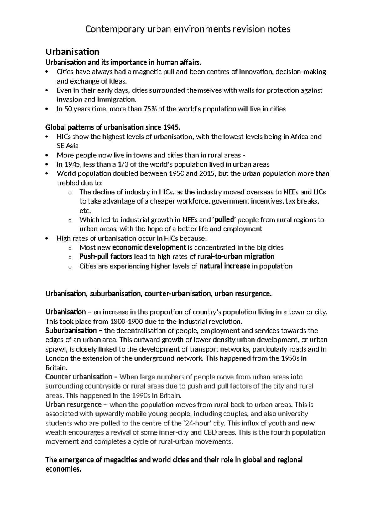 Contemporary urban environments revision notes - Urbanisation ...
