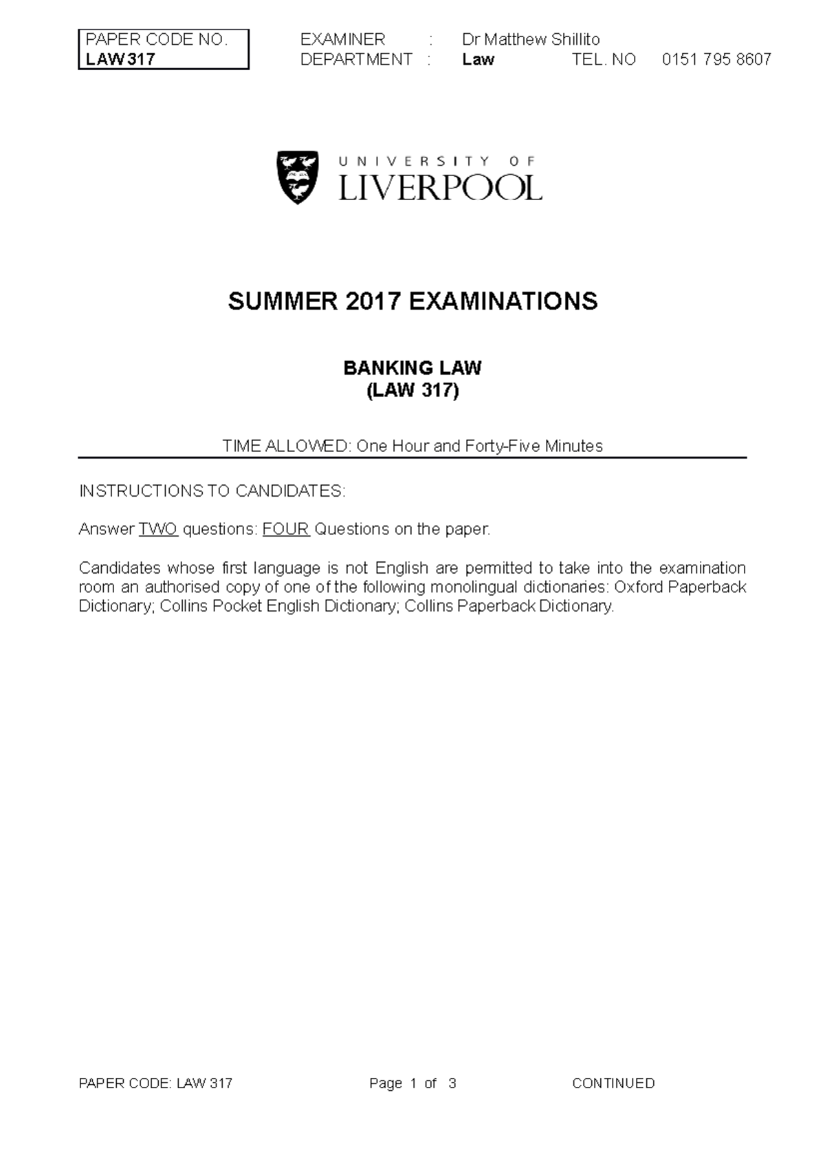 2017 Exam Answer - PAPER CODE NO. LAW 317 EXAMINER : Dr Matthew ...