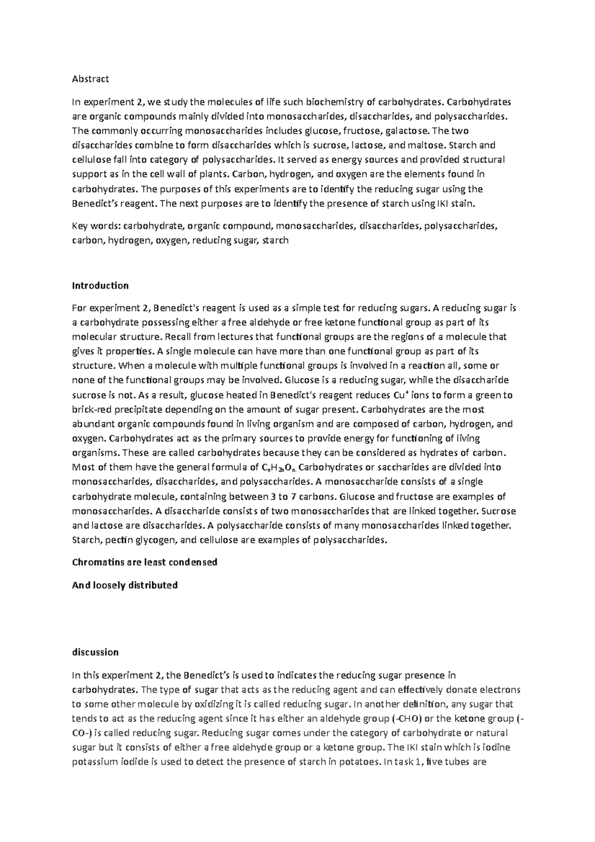 BIO LAB Report - DRAFT OF BIOCHEMISTRY OF CARBOHYDRATES EXPERIEMNT ...
