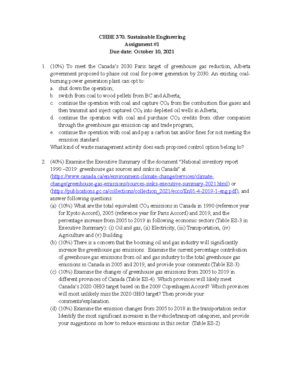 CHBE 370 - Assignment 1 - 2021 - CHBE 370. Sustainable Engineering ...