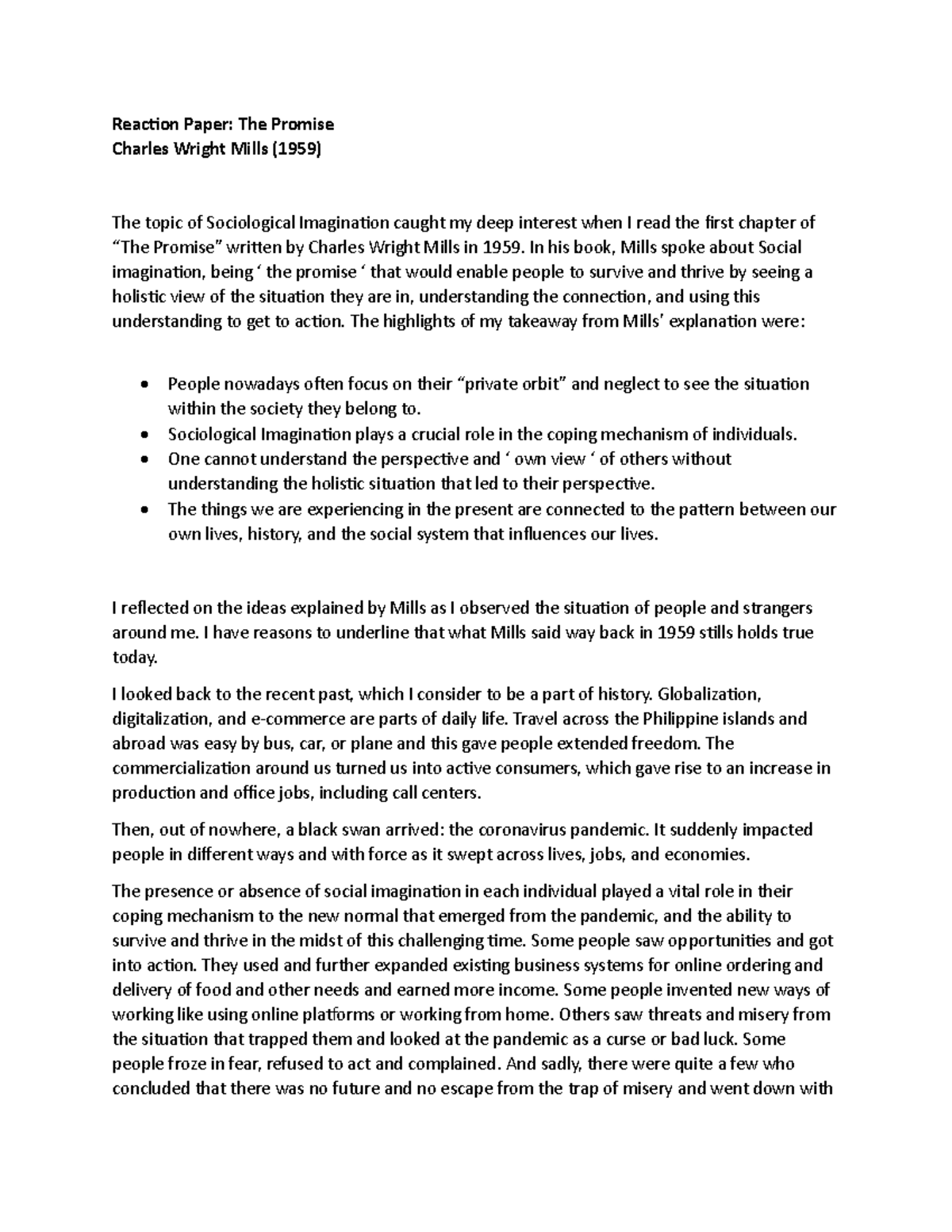 The Promise Reaction Paper - Reaction Paper: The Promise Charles Wright ...