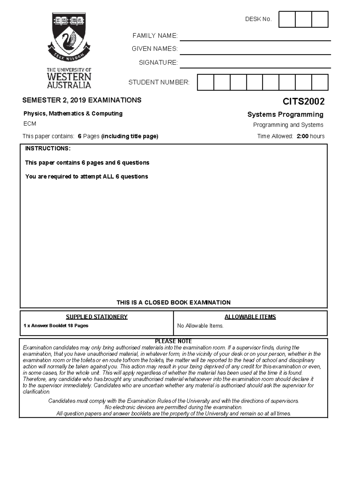 Cits2002 2019 - exam - DESK No. FAMILY NAME: GIVEN NAMES: SIGNATURE ...
