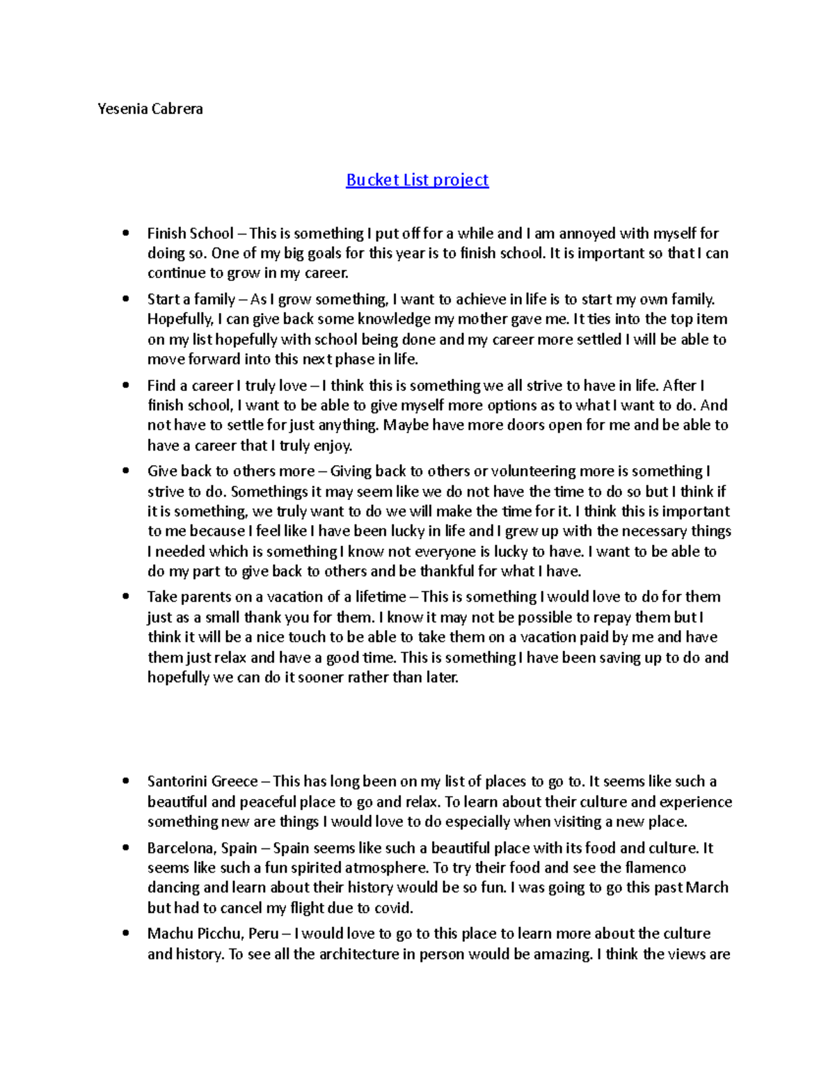 List - Course Assignment - Yesenia Cabrera Bucket List project Finish ...