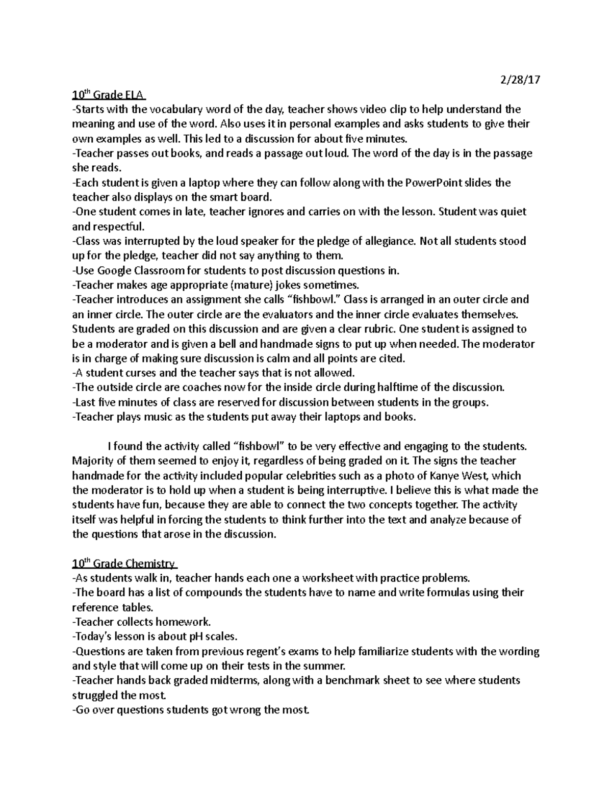 Field Work Notes - Doctor Whu - 2/28/17 10 Grade ELA -Starts with the ...