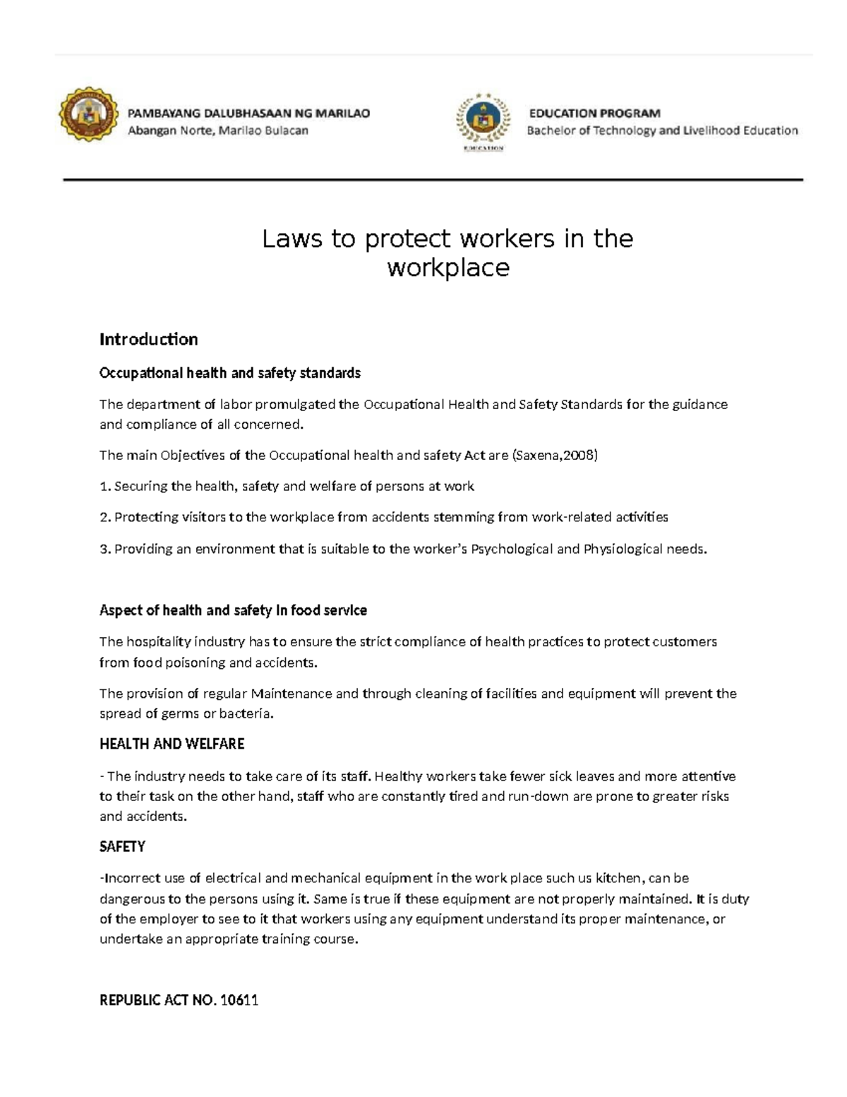 2. Laws to protect workers in the workplace - Laws to protect workers ...