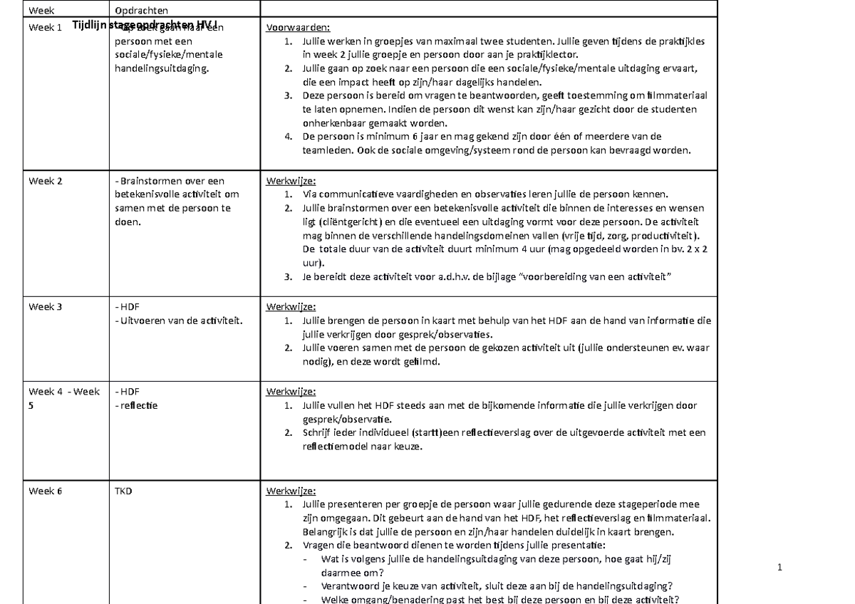 Flow opdrachten stage HV I 2122 - Tijdlijn stageopdrachten HV I 1 Week ...