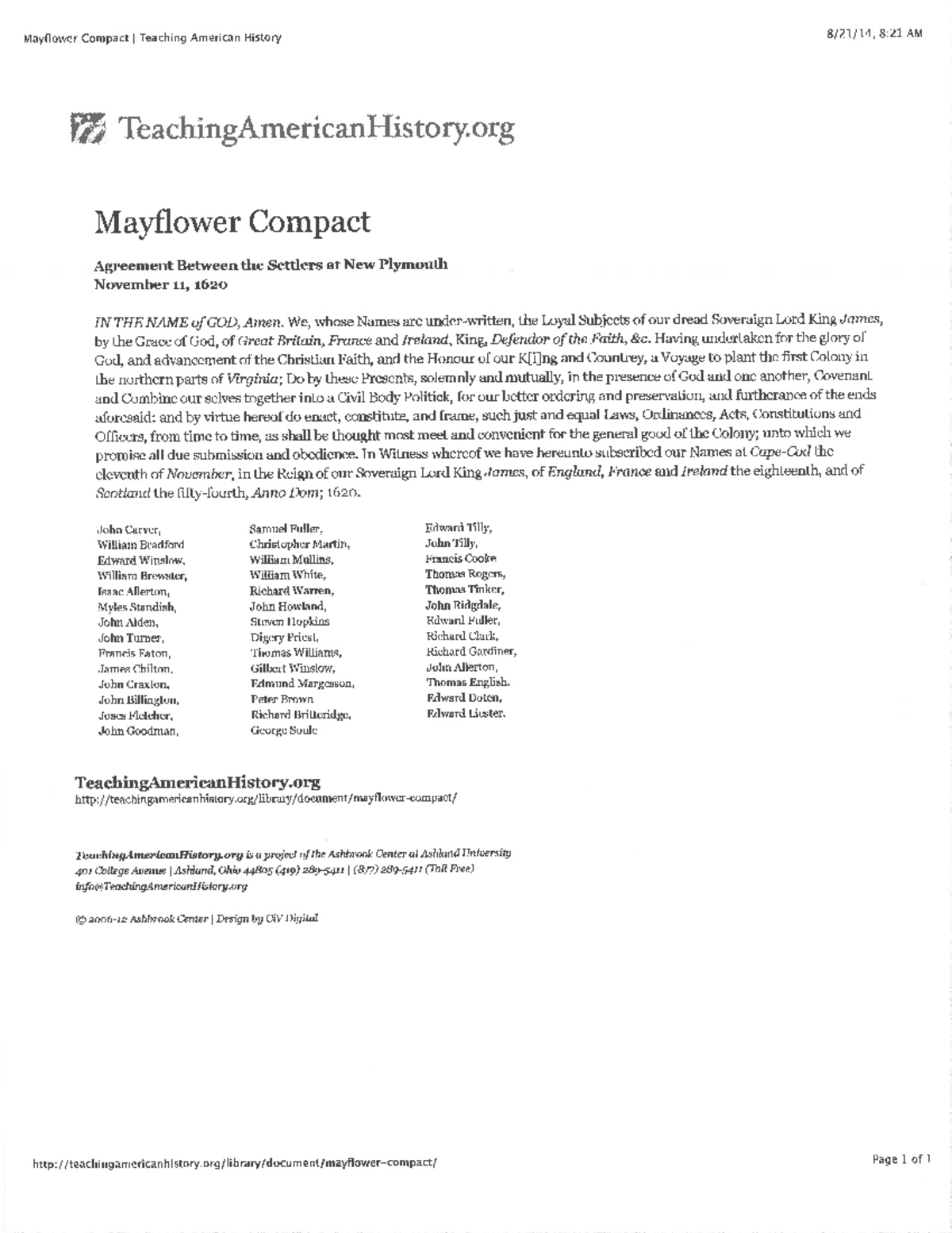 AP Doc Mayflower Compact - Mayflower Compact I Teaching American ...