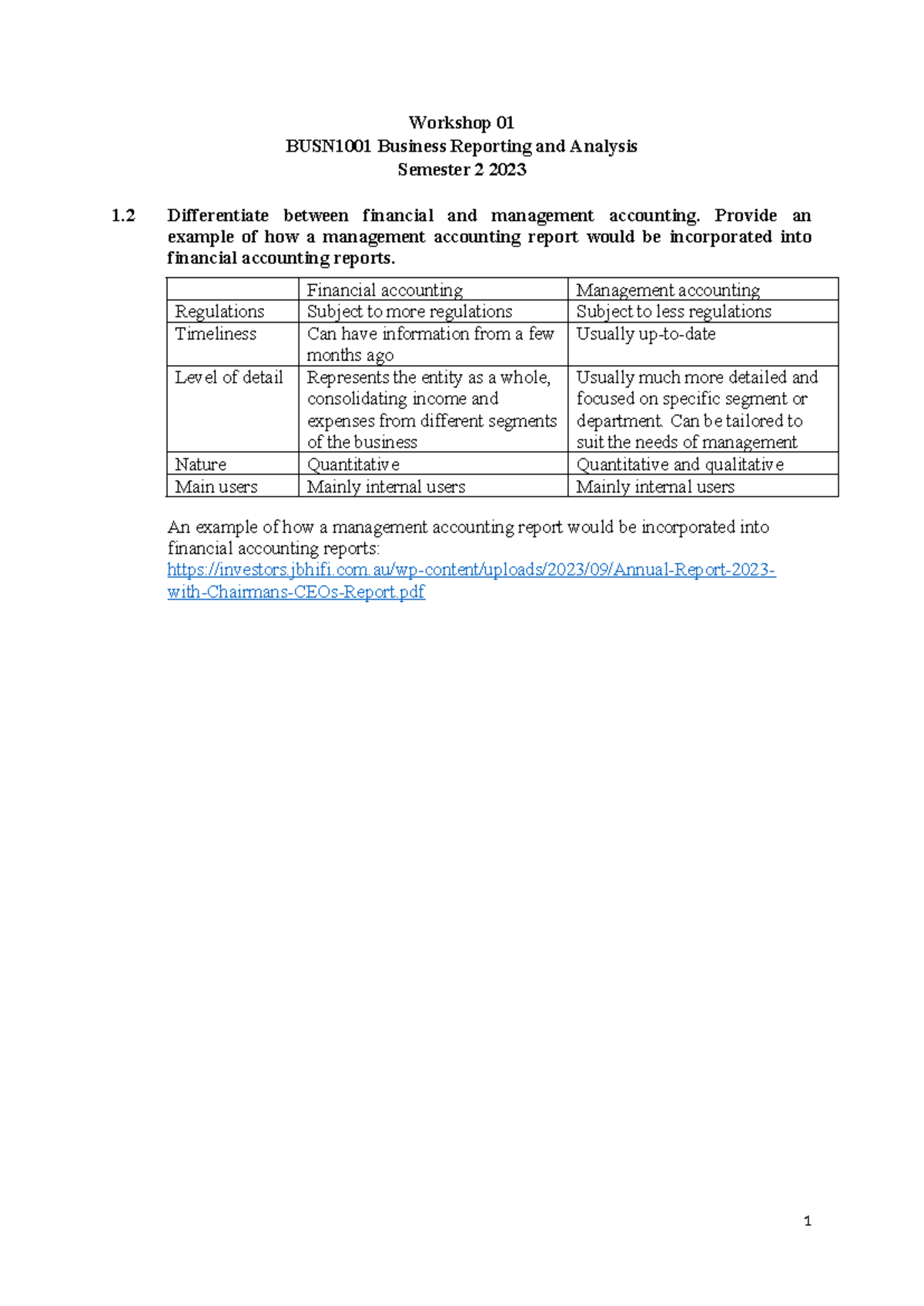 Workshop 01 question - Workshop 01 BUSN1001 Business Reporting and ...