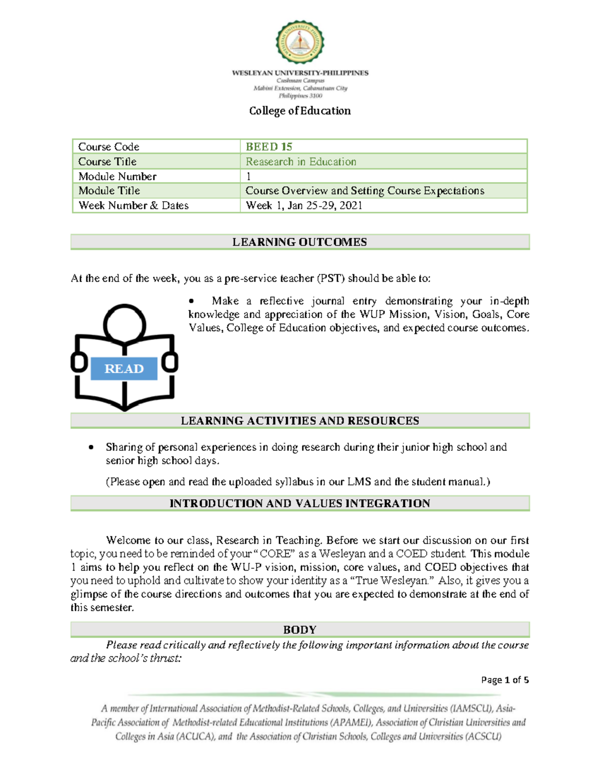 Module 1 (Research in Teaching) - LEARNING OUTCOMES At the end of the ...