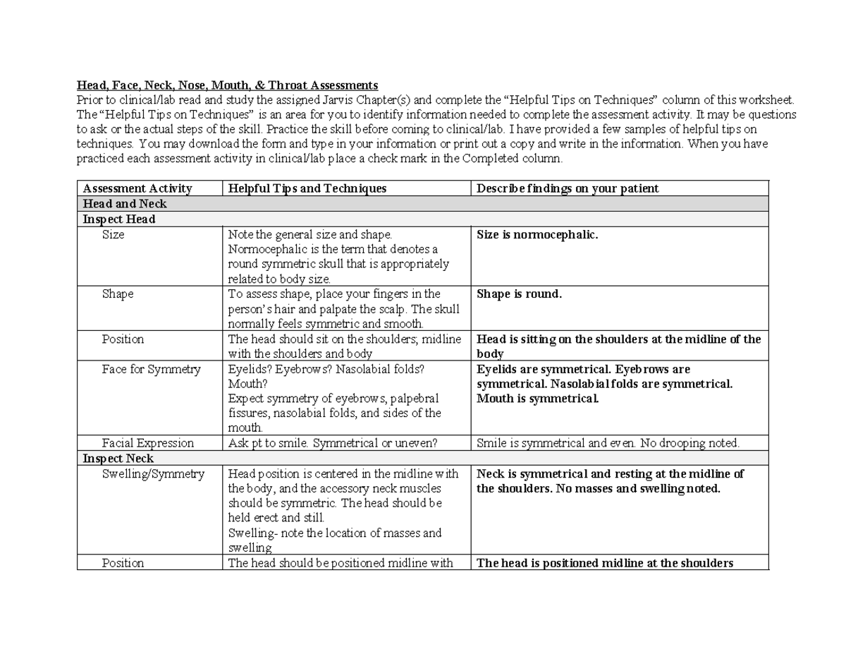 Assessment Worksheet- Head Face-Nose-Throat - Head, Face, Neck, Nose ...