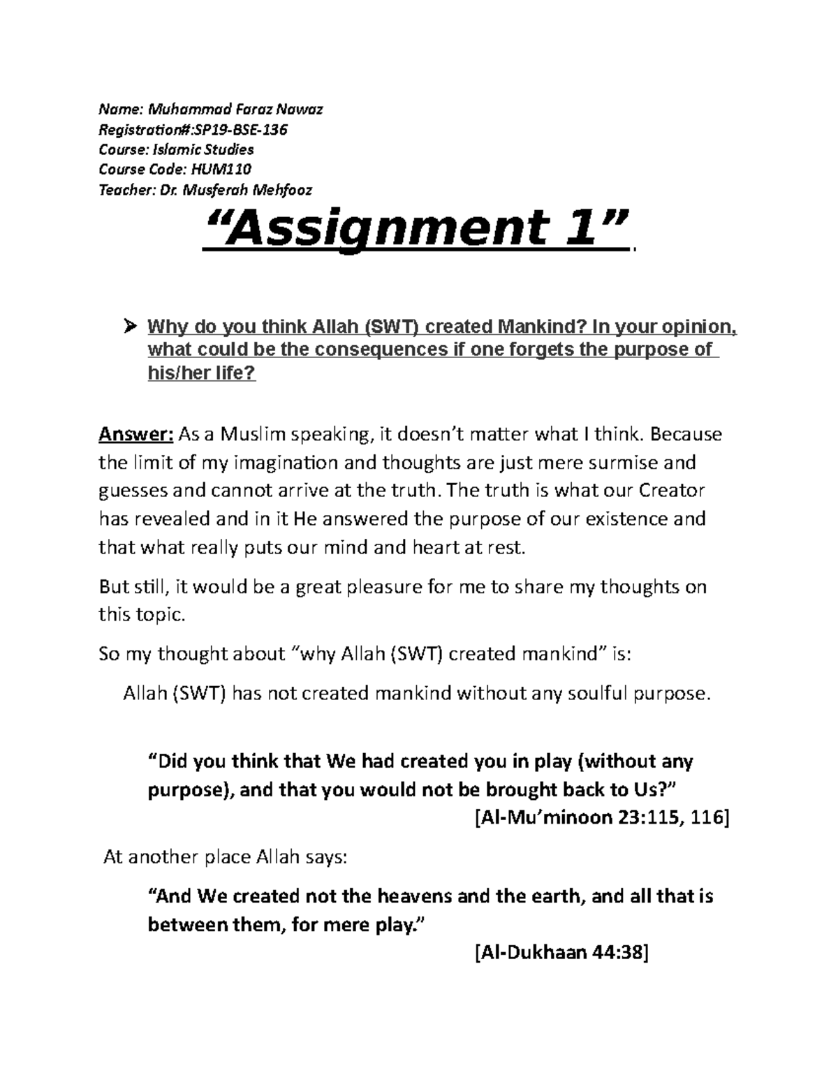 Assignment 1 - nothing - Name: Muhammad Faraz Nawaz Registration#:SP19 ...