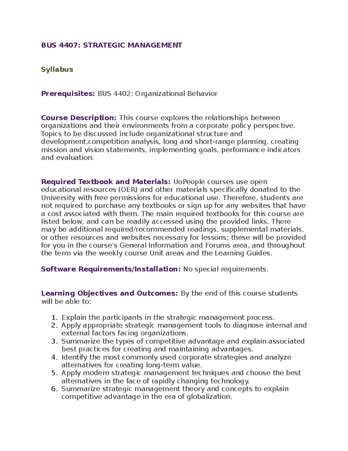 Strategic Management Syllabus - BUS 4407: STRATEGIC MANAGEMENT Syllabus ...