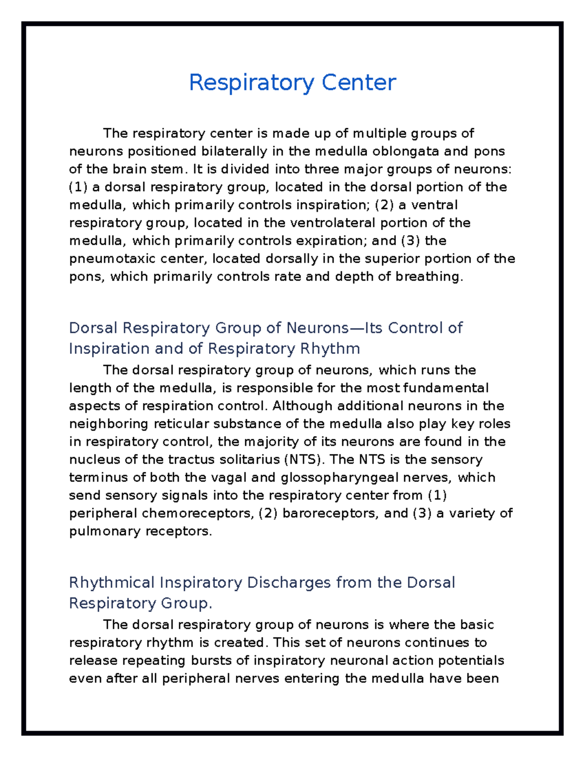 Brief NOTE ON Respiratory Center - Human Physiology - Studocu